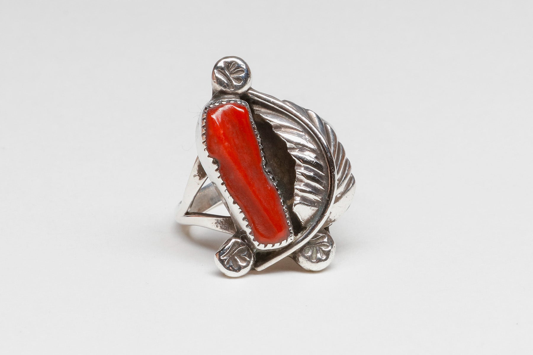 Carved Mediterranean Coral Ring with Leaves, Navajo – Quintana Galleries