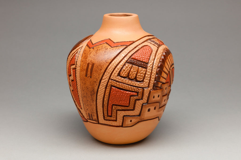 Pot depicting Pueblo, Sun, & Kachina Mana (Woman) by Thomas Polacca (1 ...